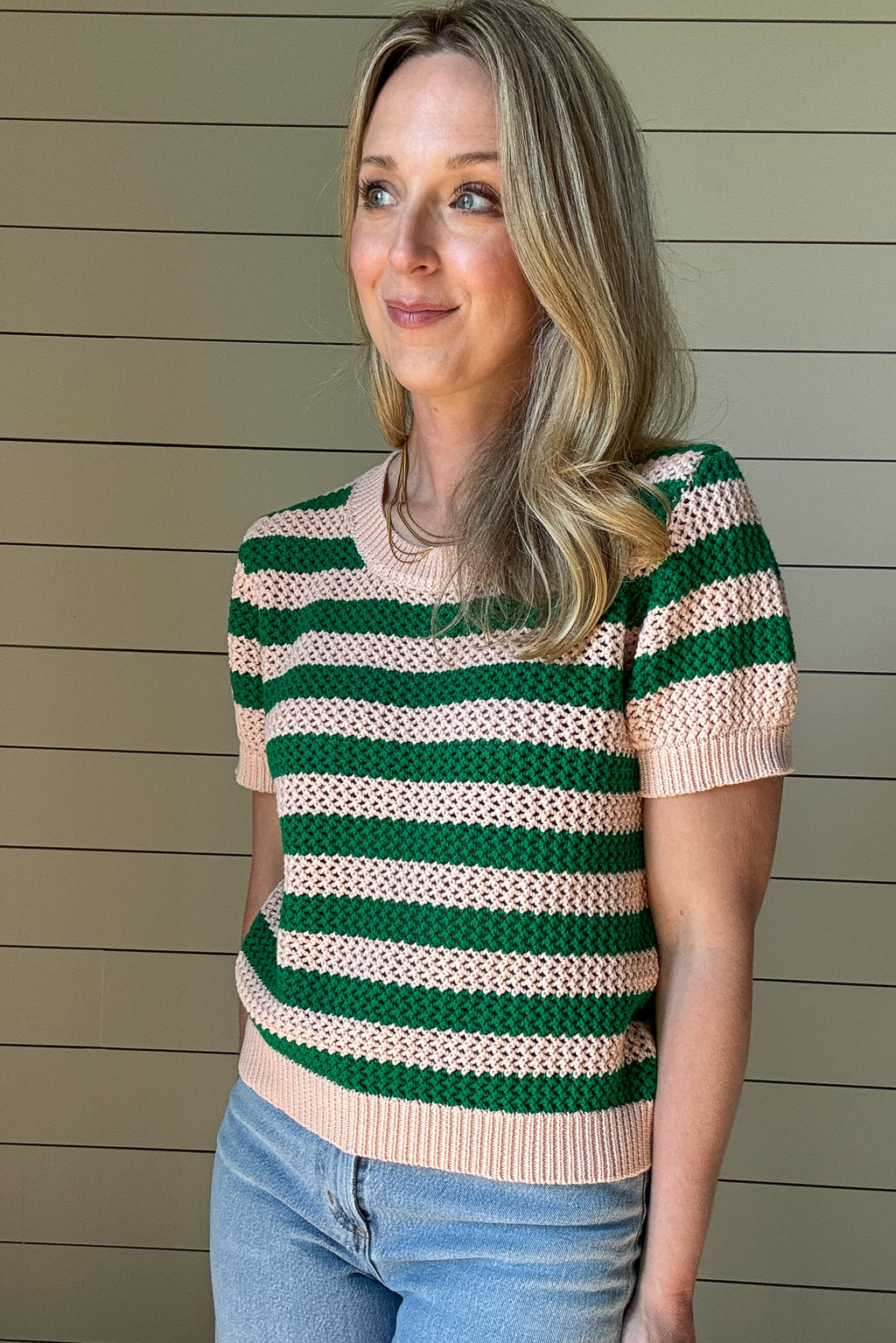 Green & Blush Striped Knit Top, 100% Cotton – Cotton & Cashmere